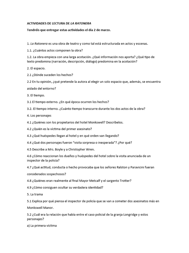Actividades de Lectura de La Ratonera | PDF