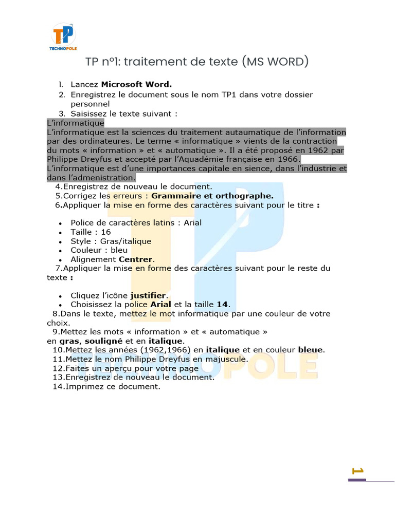 TP N°1 Traitement de Texte (MS WORD) | PDF | Microsoft Word | Informatique
