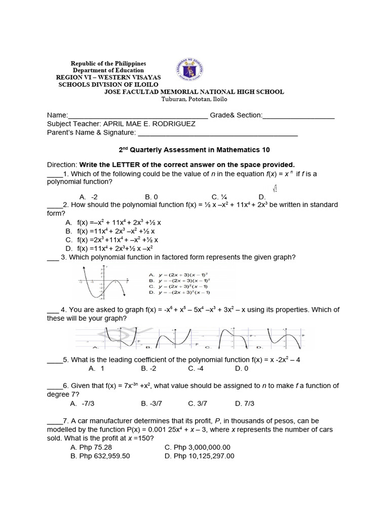 2nd Periodical Test | PDF | Polynomial | Function (Mathematics)