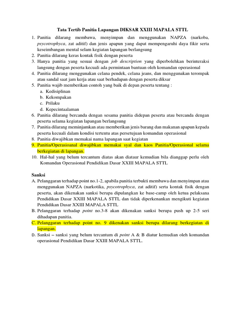 Tata Tertib Panitia Lapangan DIKSAR XXIII MAPALA STTL | PDF