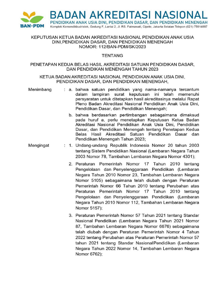 112 - SK - Penetapan Hasil Akreditasi Tahap Kedua Belas - Signed | PDF