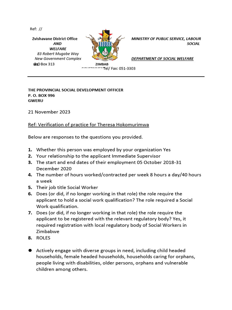 Social Development Letter of Reference For Theresa Hokomurimwa | PDF ...