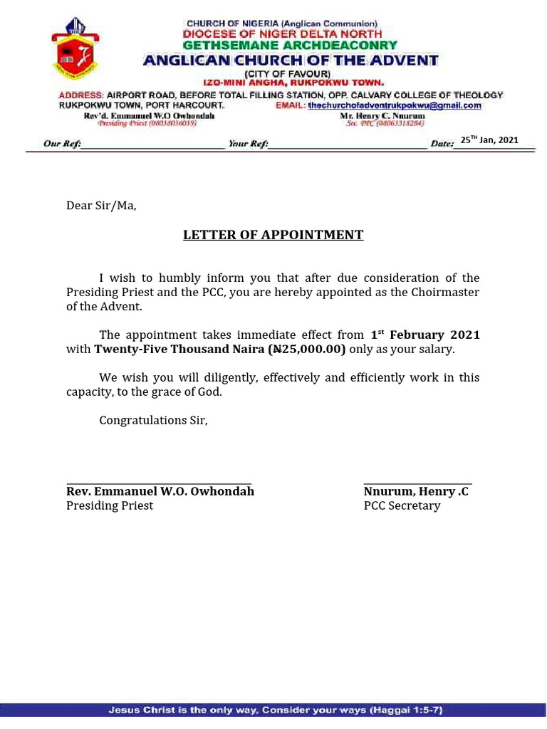 Anglican Church Letter of Appointment | PDF