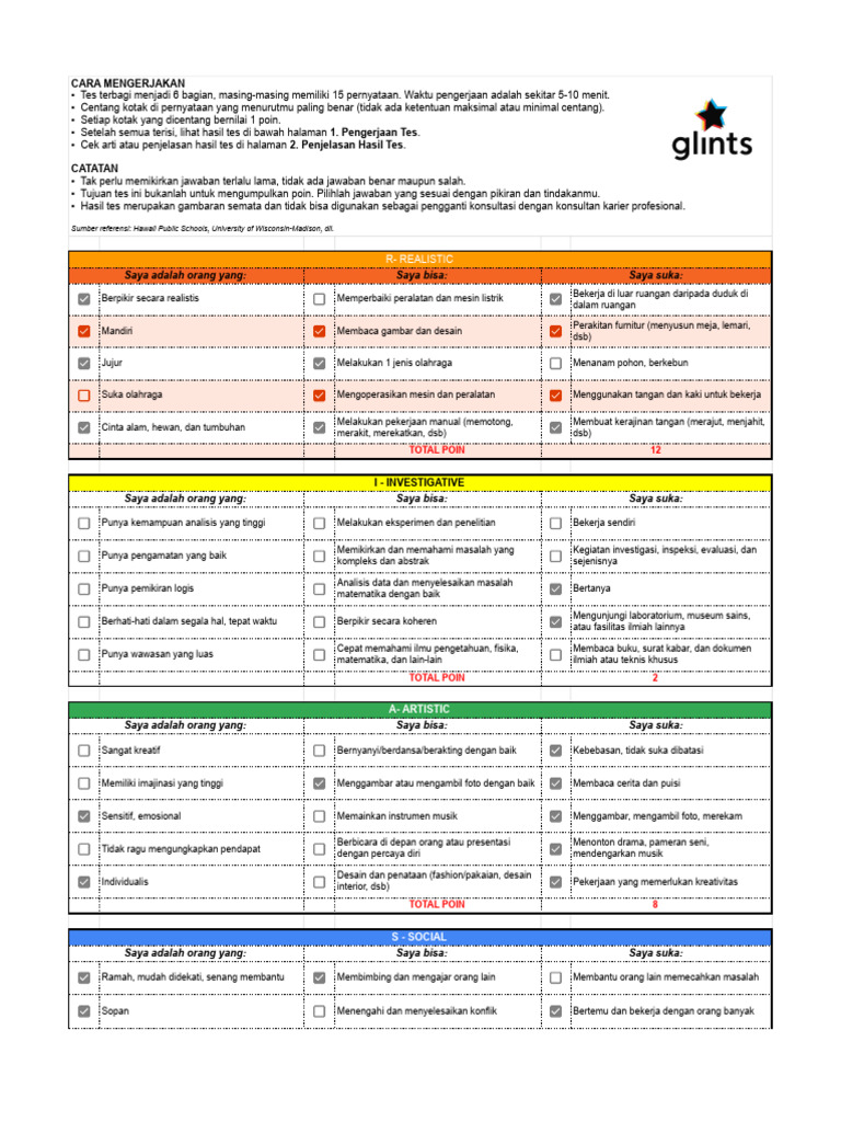 TES BAKAT HOLLAND RIASEC - Glints 2024 | PDF