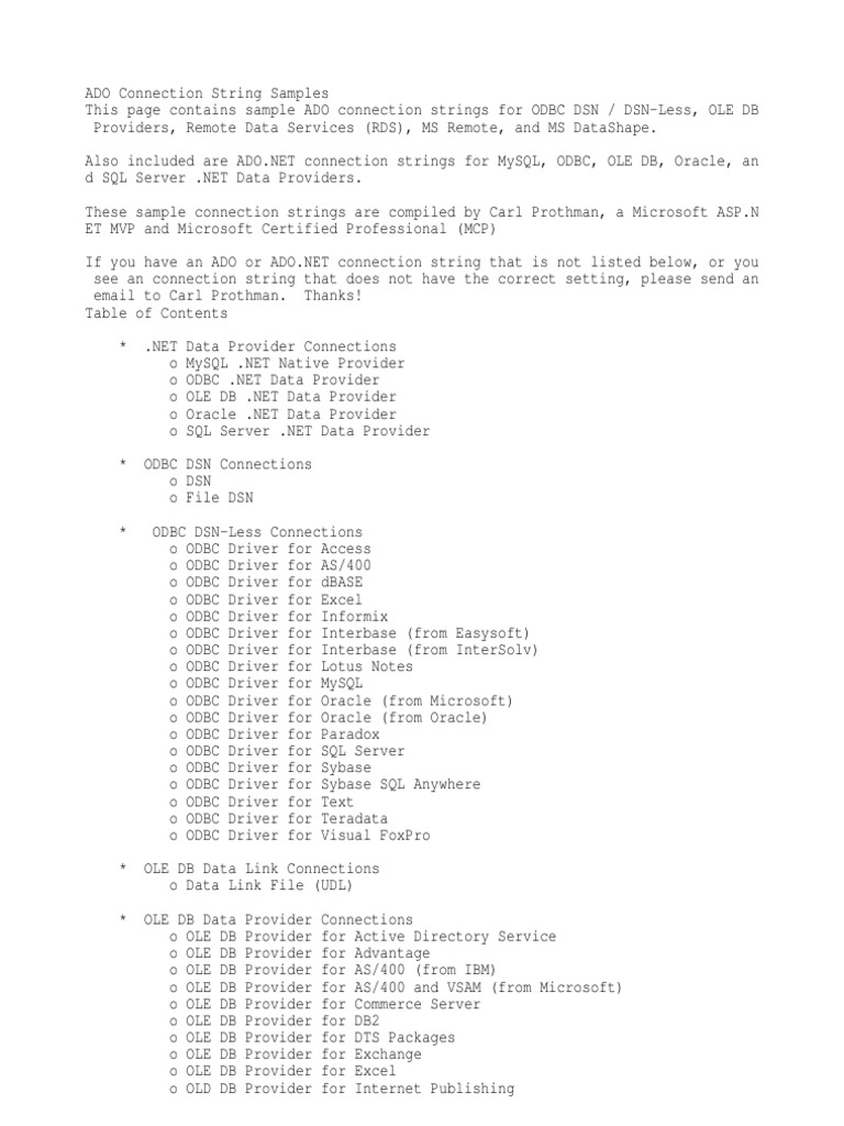 ADO Connection String Samples | PDF | Microsoft Access | Microsoft Sql Server