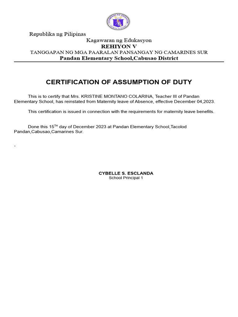 Assumption of Duty - 025250 | PDF