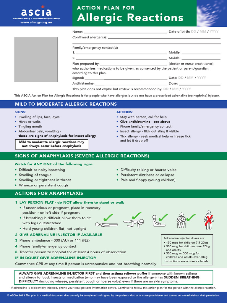 ASCIA Action Plan Allergic Reactions Green 2023 | PDF | Allergy ...
