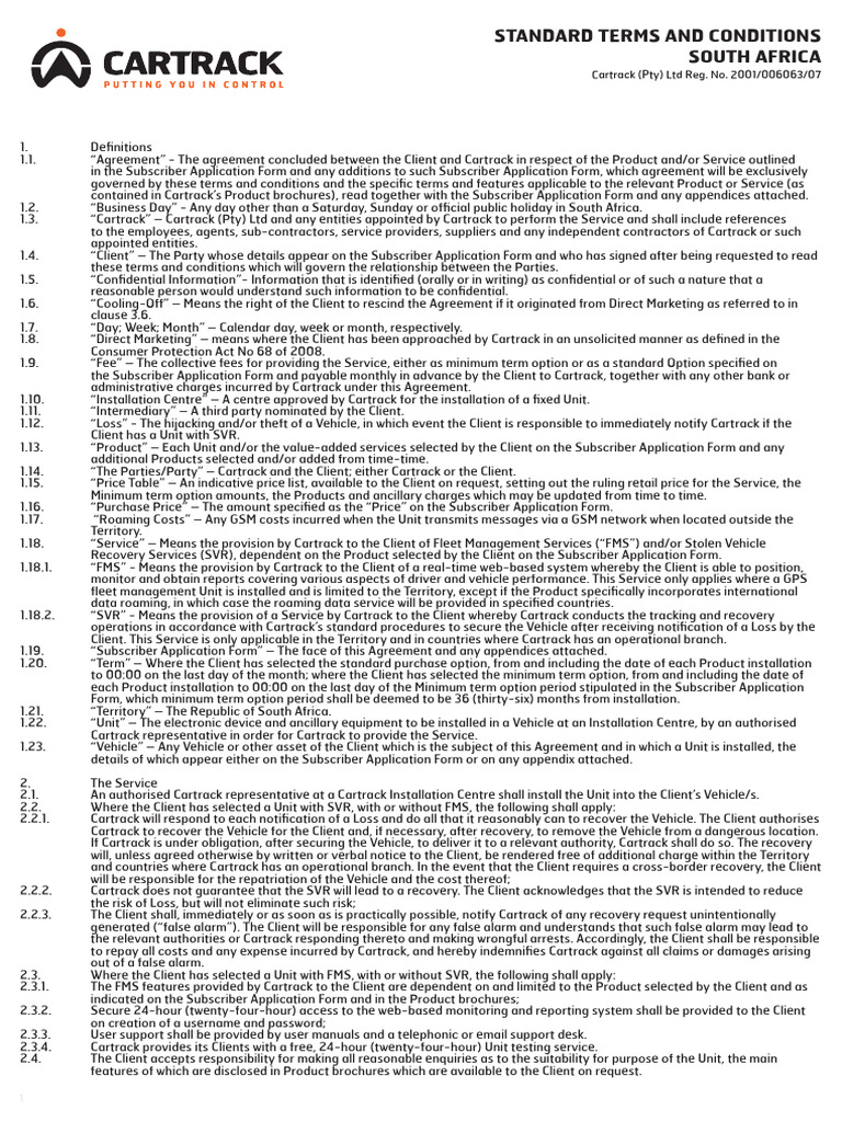 Cartrack Service Agreement Terms | PDF | Fee | Insurance
