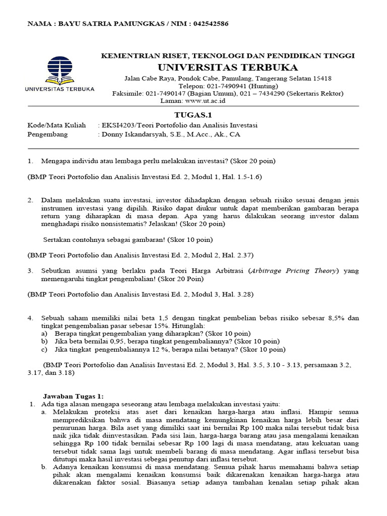Tugas 1 Teori Portofolio Dan Analisis Investasi | PDF