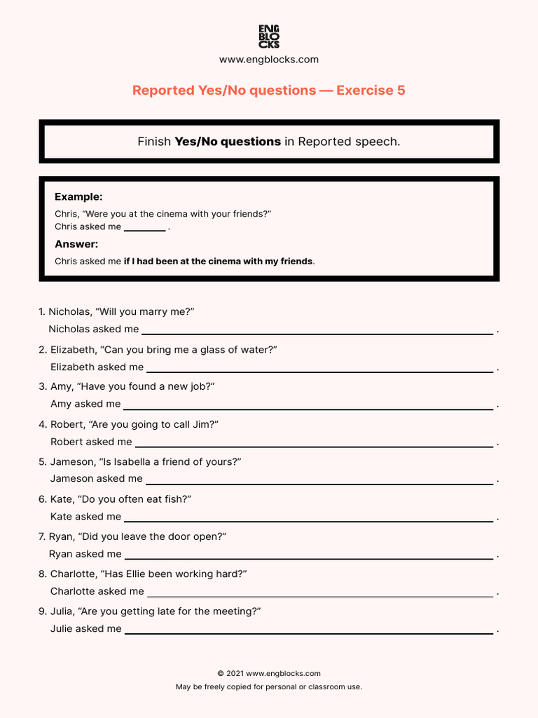 Reported Speech Yes/No Questions Exercise | PDF