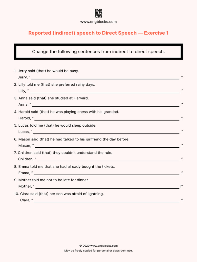 Reported Indirect Speech To Direct Speech Exercise 1 | PDF