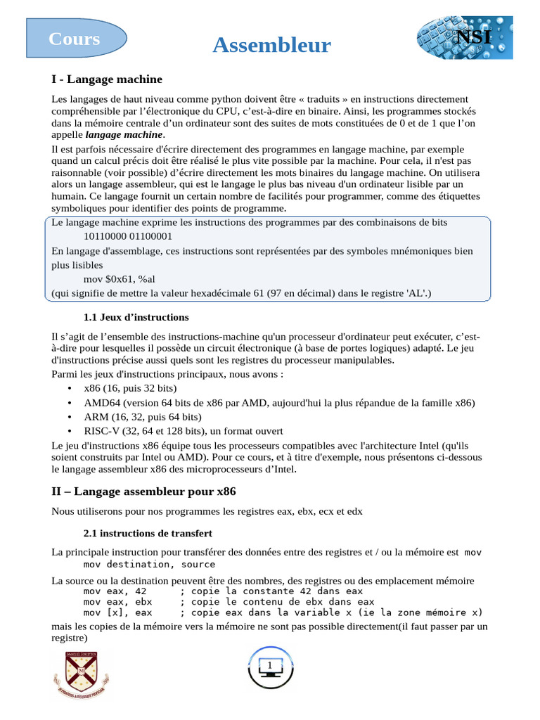 2cours Assembleur | PDF | Assembleur | Programmation