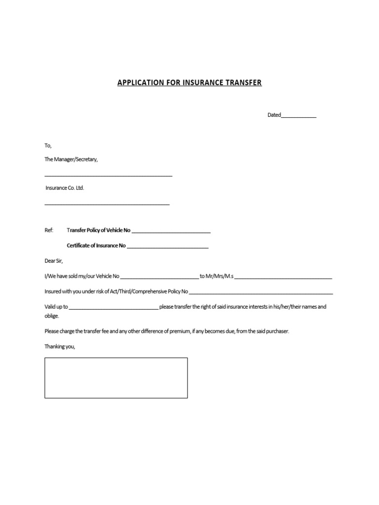 Application For Insurance Transfer | PDF