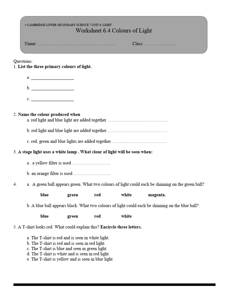 Colors of Light Worksheet | PDF