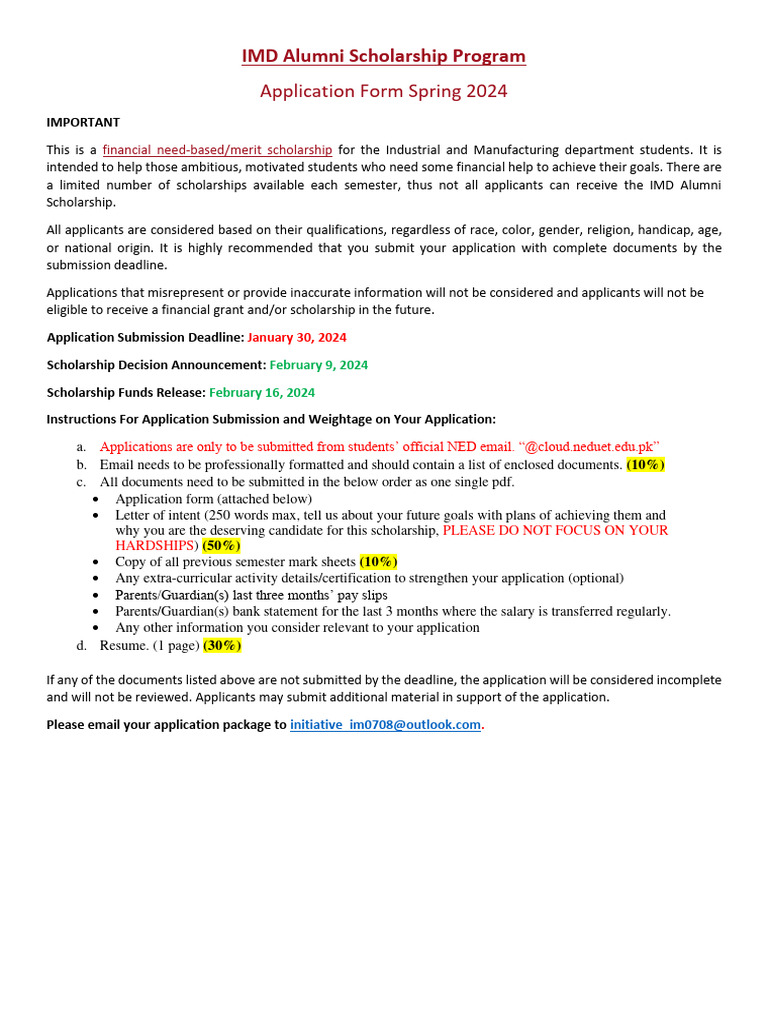 IMD Alumni Scholarship Program Form Spring 2024 | PDF