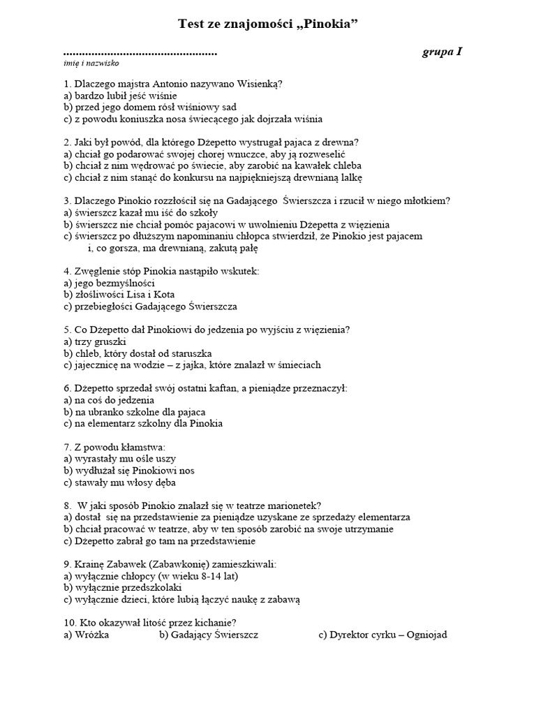 Test Ze Znajomości Pinokia | PDF