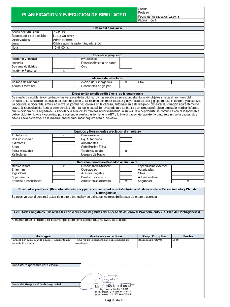 FPG-12.05 Informe de Simulacros (Accidente) | PDF | Simulación