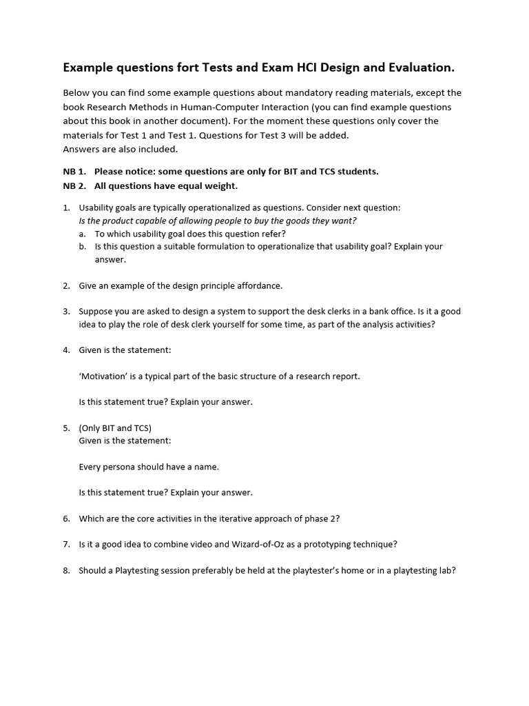 Example Questions Other Materials+answers | PDF | Usability | Cognition