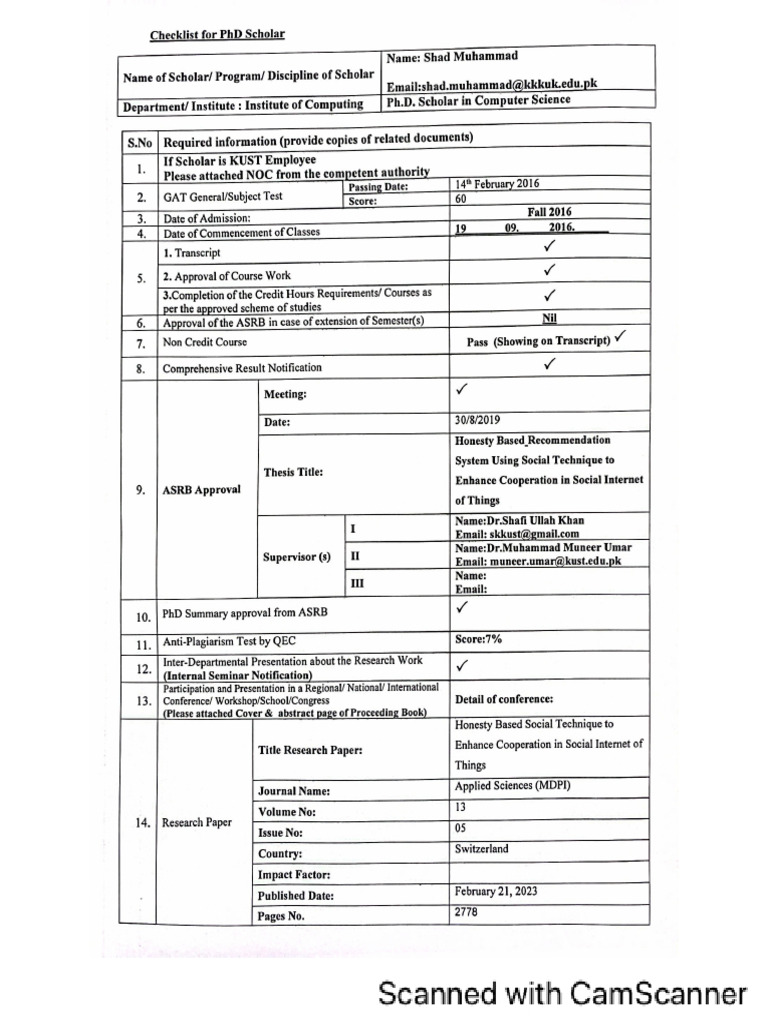 Checklis For PHD Summary-Shad Muhammad | PDF
