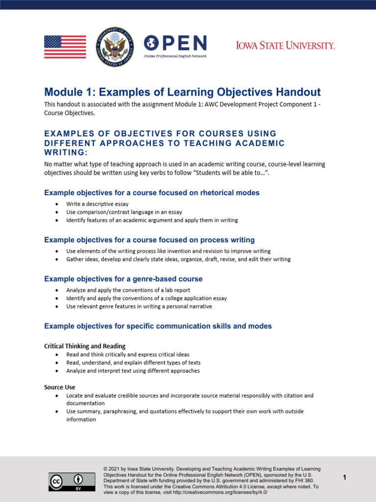 Mod 1 - Examples of Learning Objectives - Handout | PDF | Essays ...