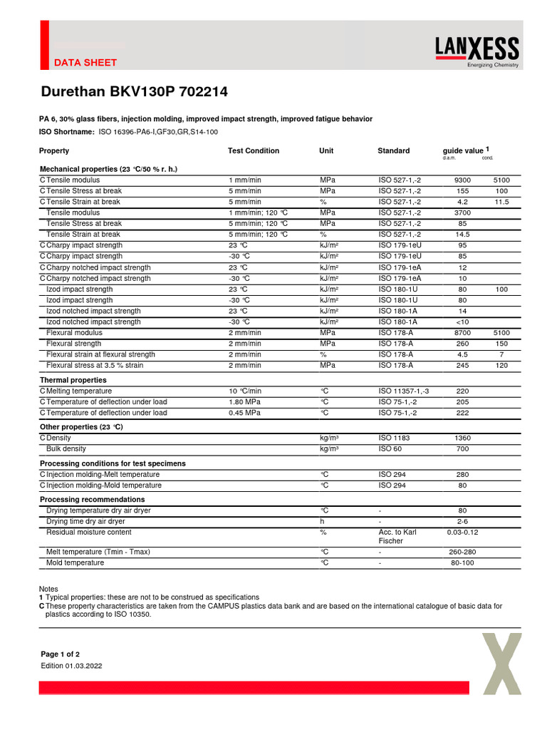 PA6-30GF LANXESS Durethan BKV130P 702214 ISO EN | PDF | Strength Of ...