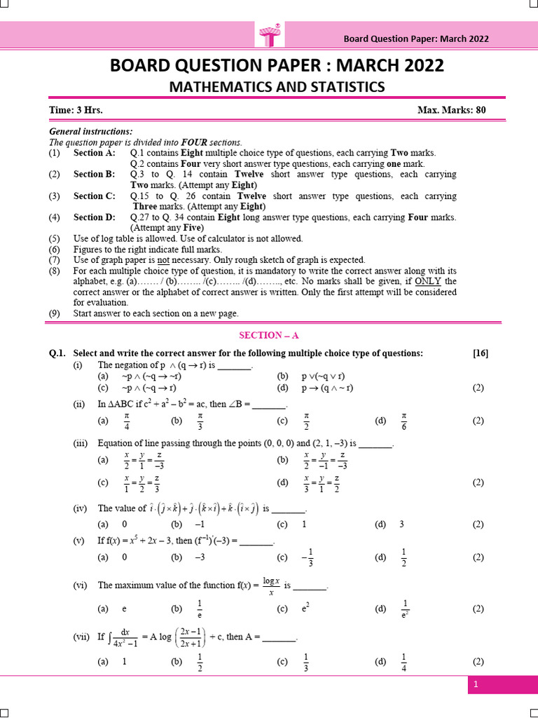 Board Question Paper: March 2022: Mathematics and Statistics | PDF ...