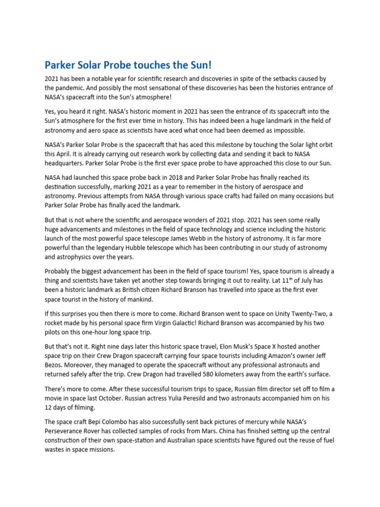 Parker Solar Probe Touches The Sun | PDF | Nasa | Spacecraft