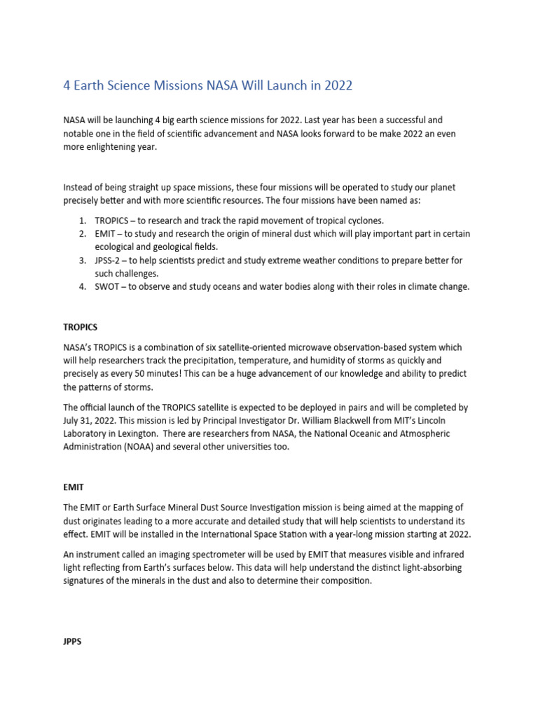 4 Earth Science Missions NASA Will Launch in 2022 | PDF | Nasa ...