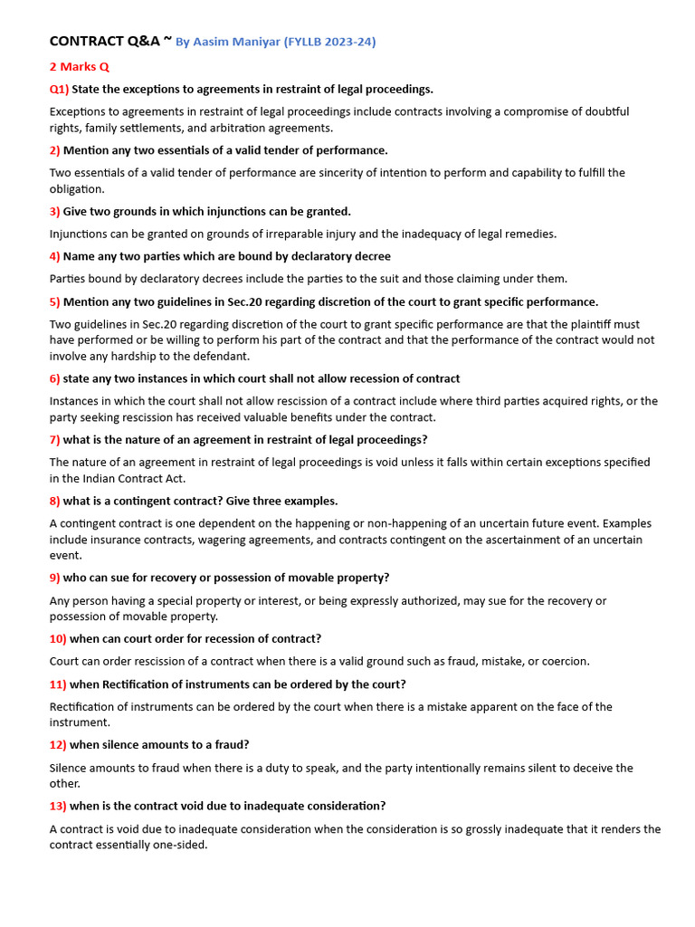 Contract Qa | PDF | Legal Remedy | Specific Performance