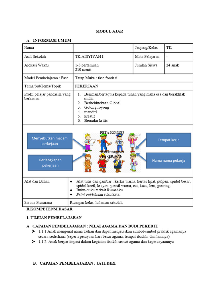 Modul Ajar Tema Pekerjaan PAUD | PDF | Seni & Disiplin Bahasa