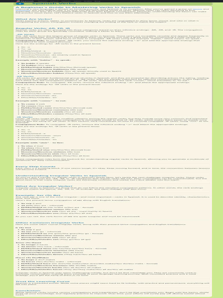 Learn Spanish Verbs - 100 Most Common Spanish Verbs | PDF | Grammatical ...