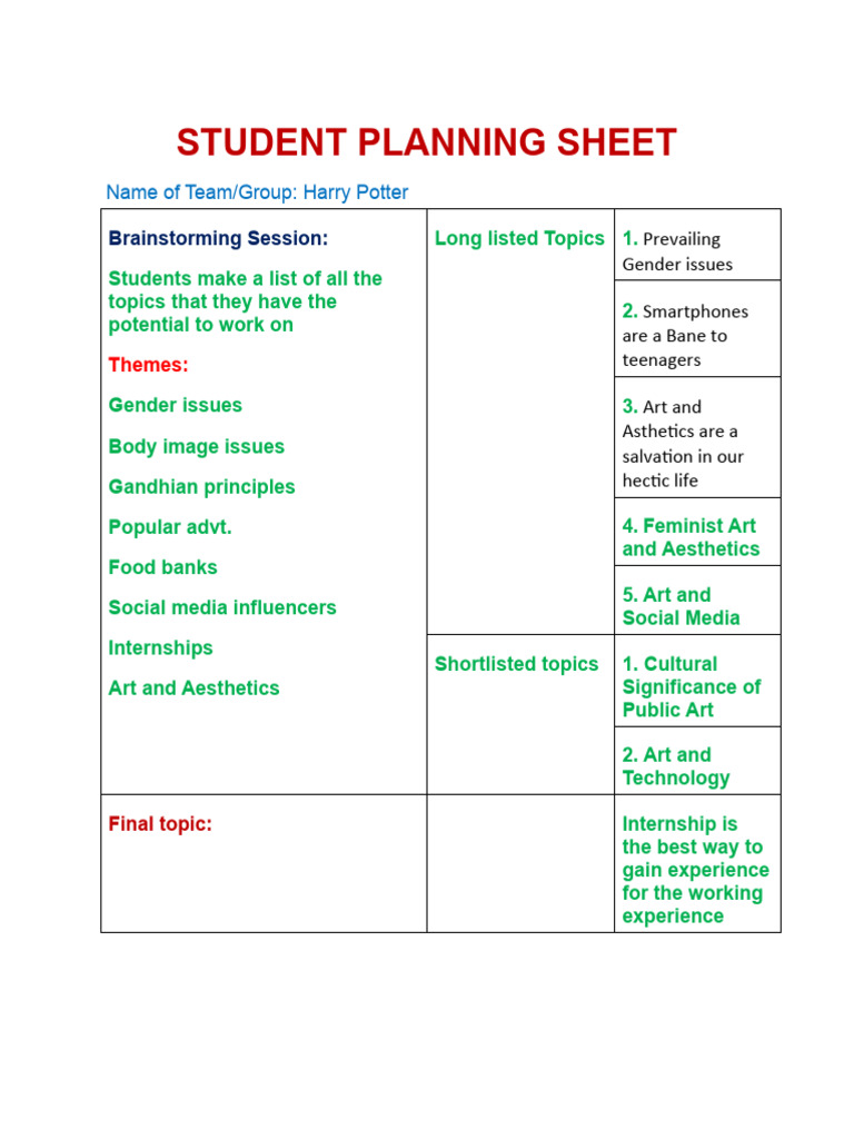 Student Planning Sheet | PDF | Internship | Job Hunting
