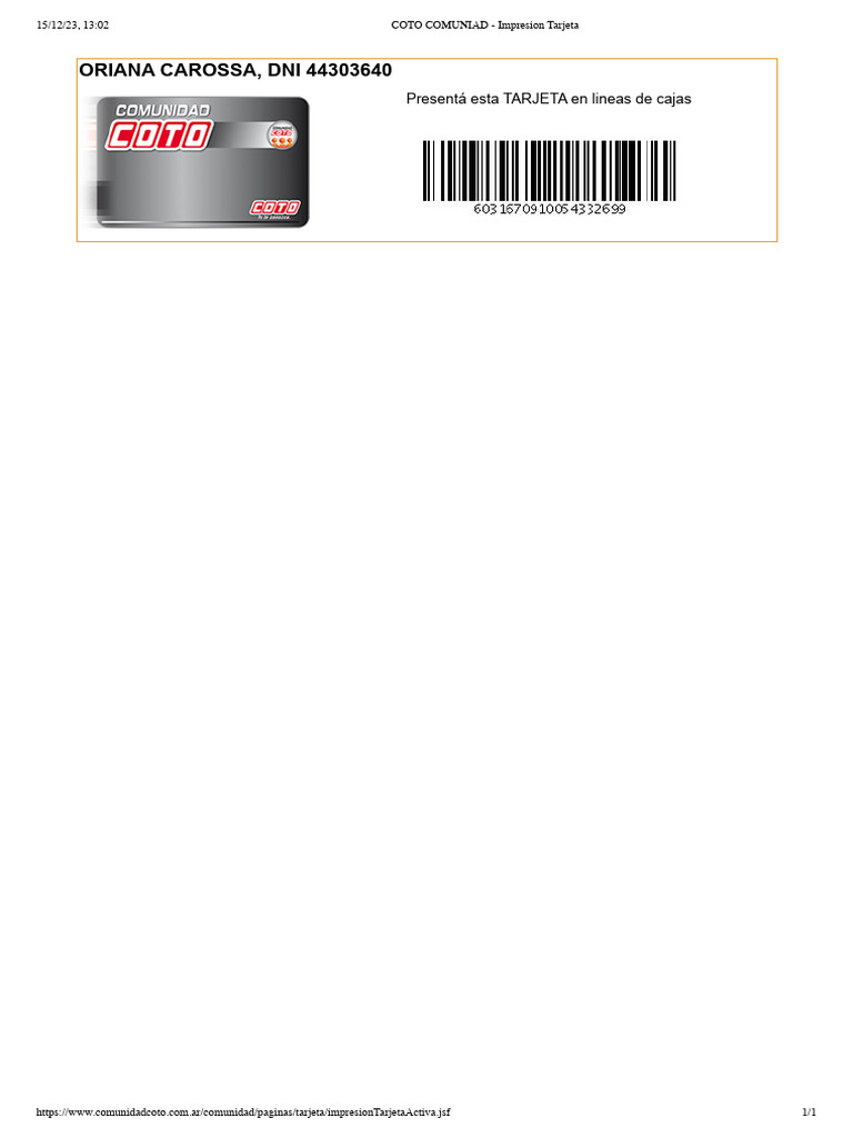 COTO COMUNIAD - Impresion Tarjeta | PDF