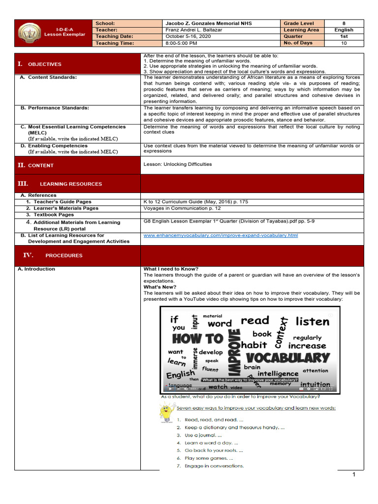 Sample IDEA Lesson Exemplar Week 1 2 | PDF | Learning | Cognitive Science