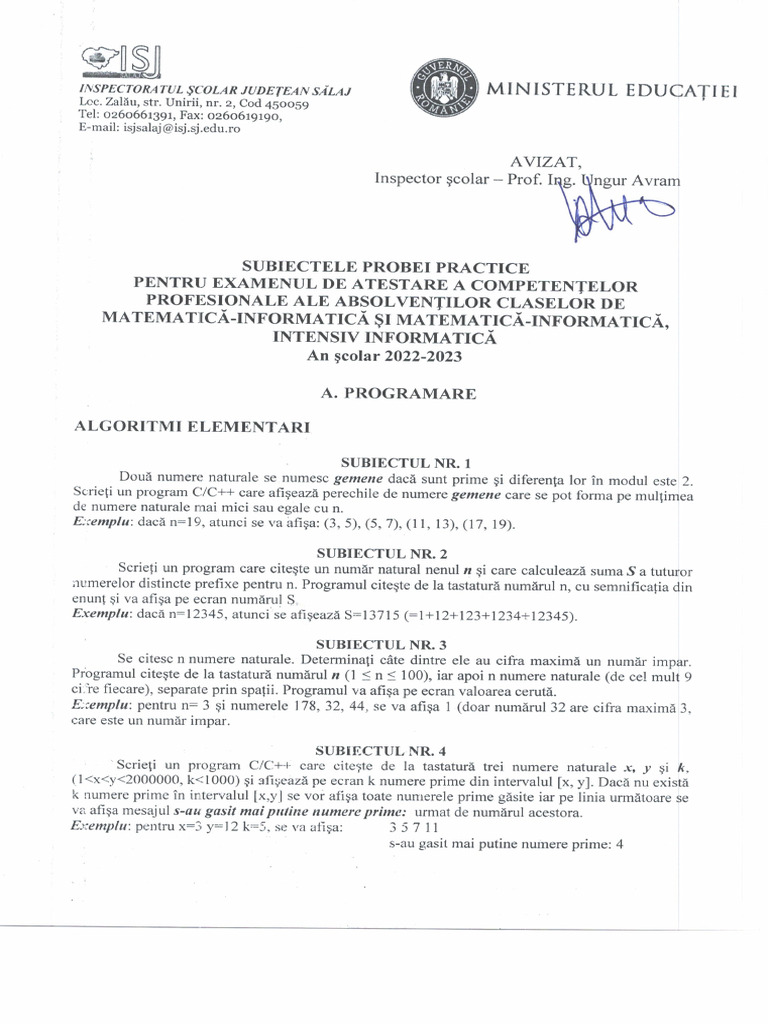 Subiecte Proba Practică Atestat Informatică 2022-2024 | PDF