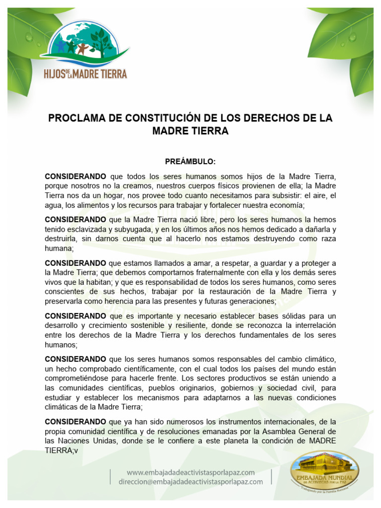 Proclama_de_constitucion Derechos de La Madre Tierra | PDF | Entorno natural | Tierra