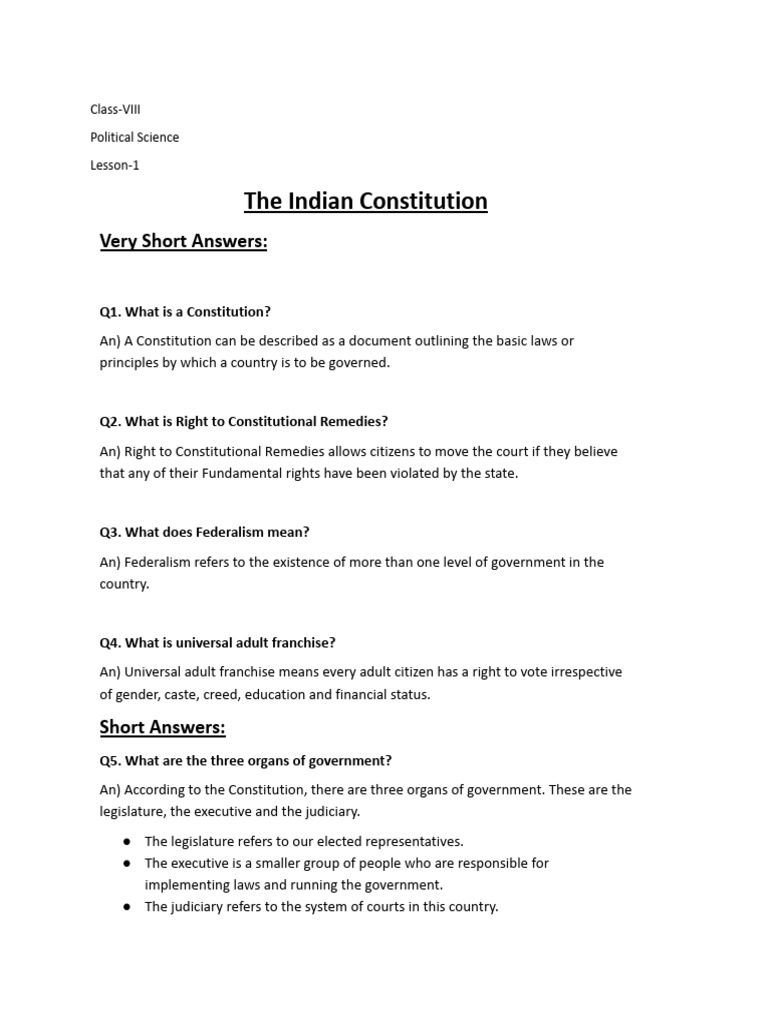 Class 8, Notes, The Indian Constitution | PDF | Political Science ...