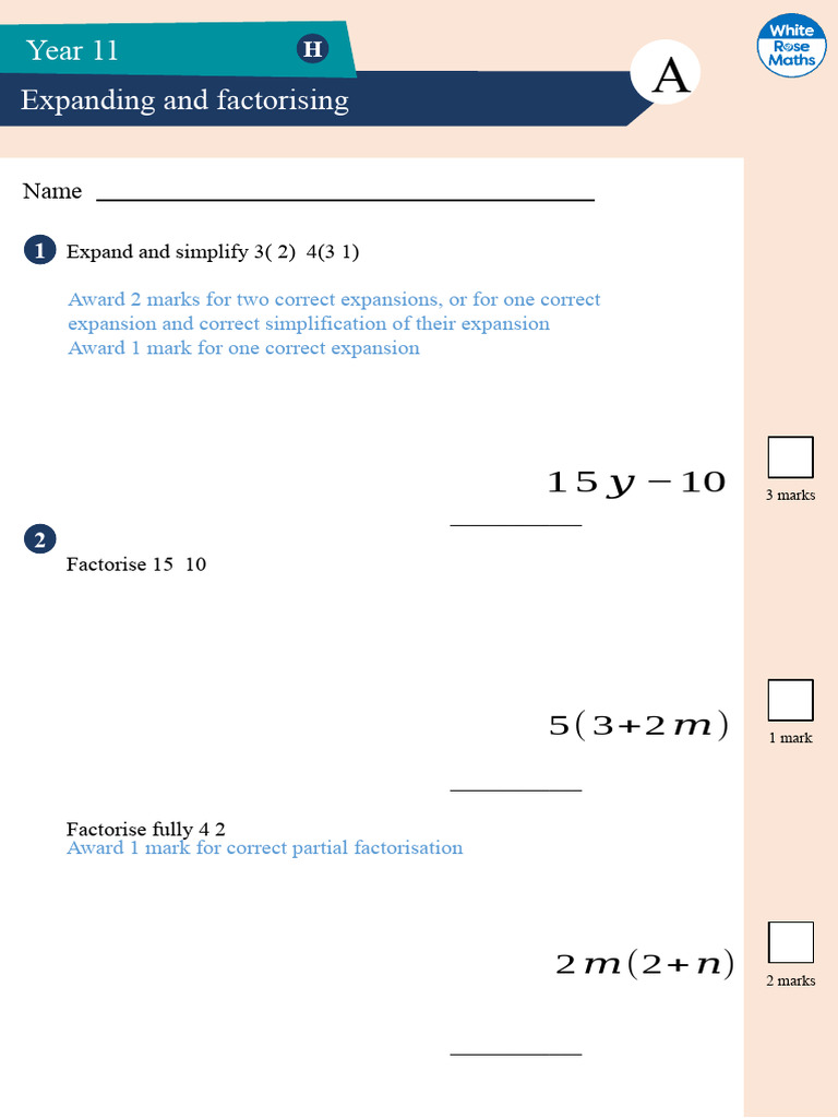 Year 11 - Autumn 4 - Expanding and Factorising - Higher-Answers | PDF | Quadratic Equation ...