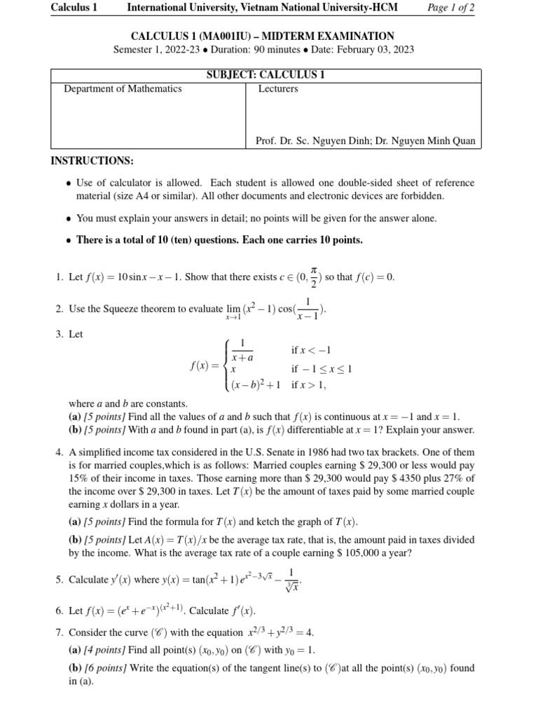 Cal1 Midterm S1 2022 23 Questions Only | PDF | Tangent | Mathematics
