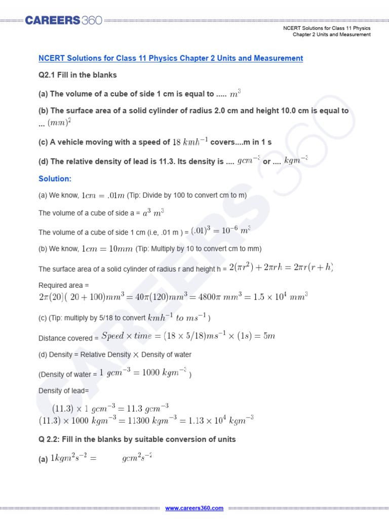Ncert Solutions For Class 11 Physics Chapter 2 Units And Measurement
