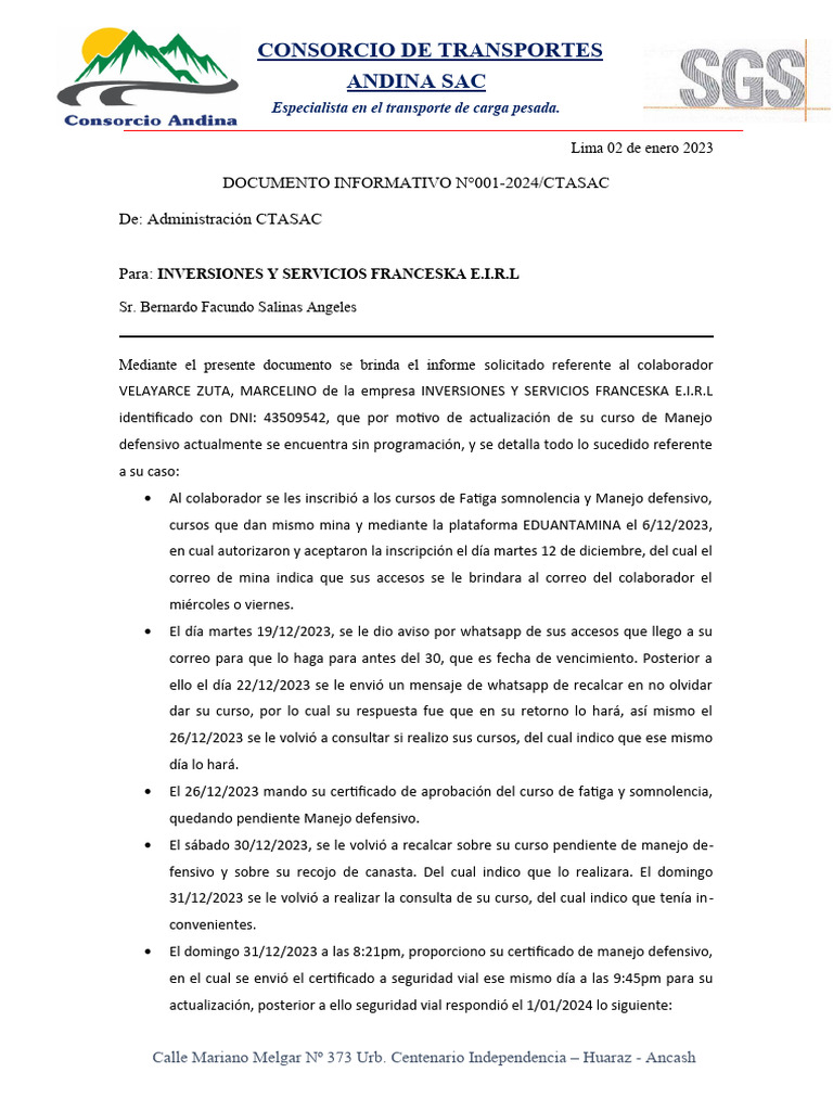 Documento Informativo °1 Administracion Enero 2024 | PDF