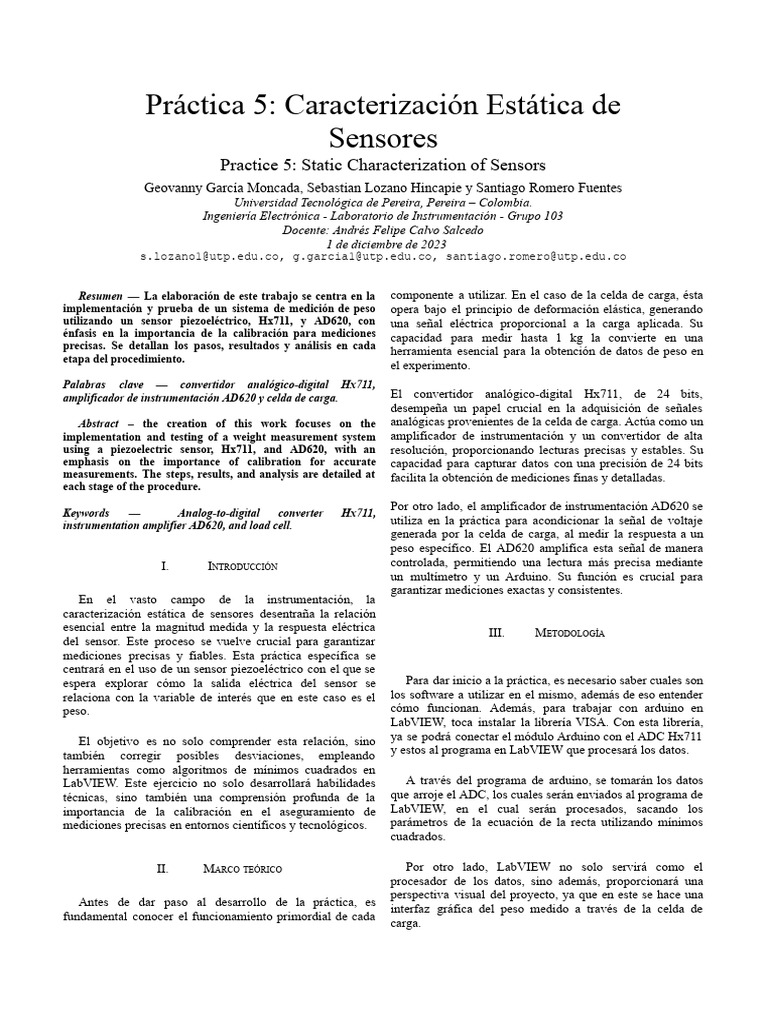 Práctica 5 - Lab. Instrumentación | PDF | Sensor | Arduino