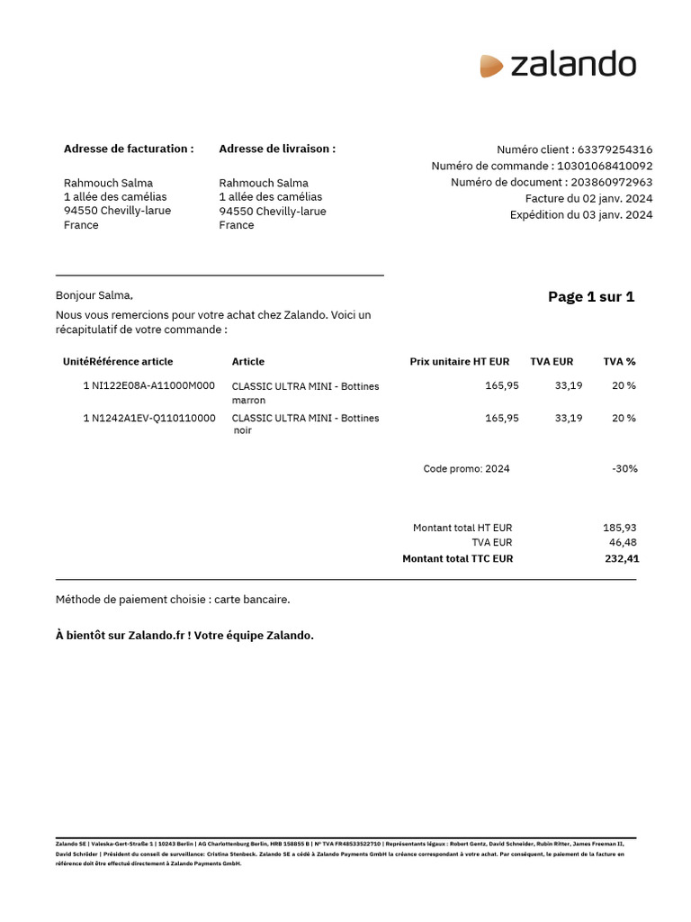 Facture ZALANDOOO | PDF | Facture | Impôts