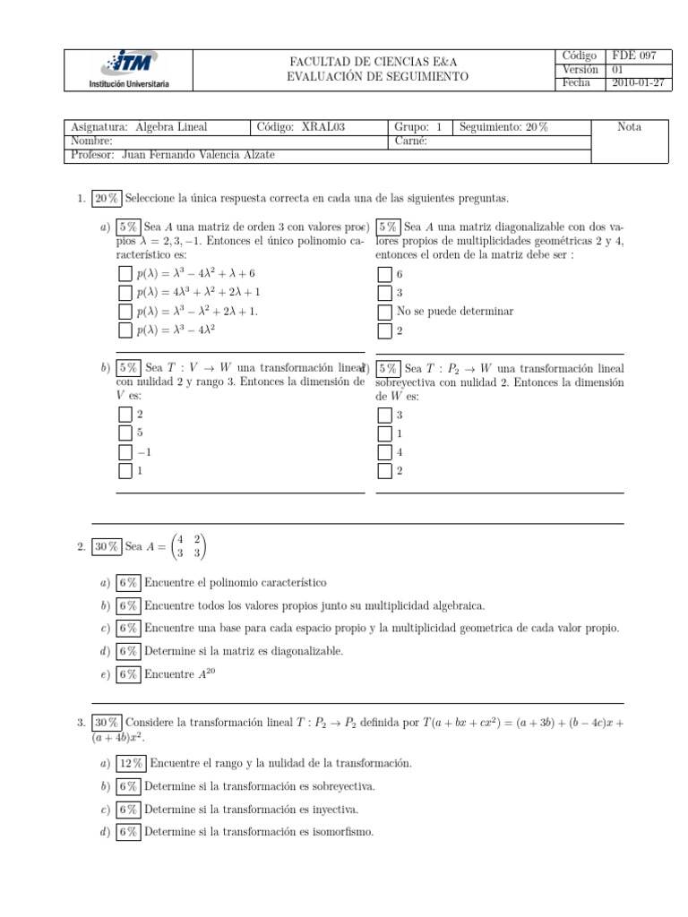 Parciales ITM 2 | PDF | Valores propios y vectores propios | Mapa lineal