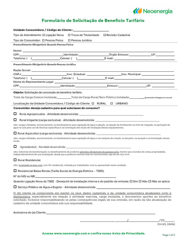 Formulário de Solicitação de Benefício Tarifário + Declaração Da Carga ...