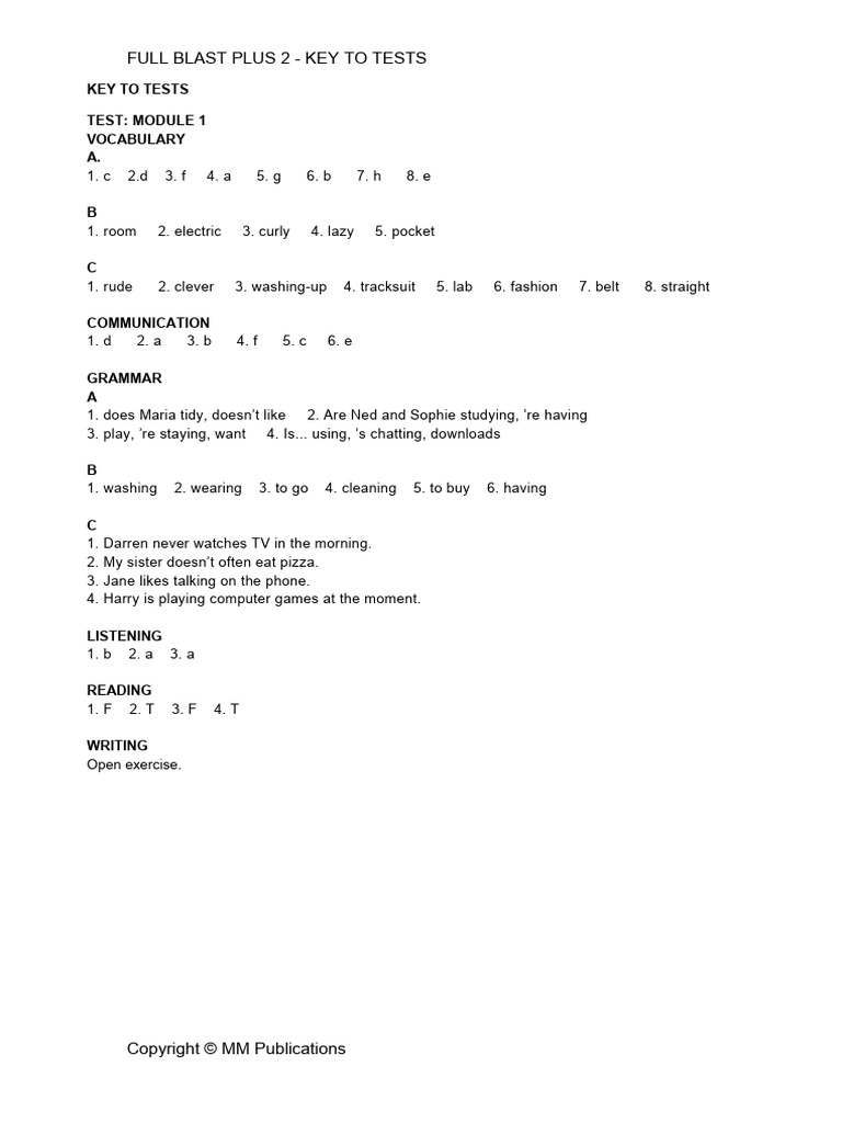 Full Blast PLUS 2 - Key To Tests | PDF