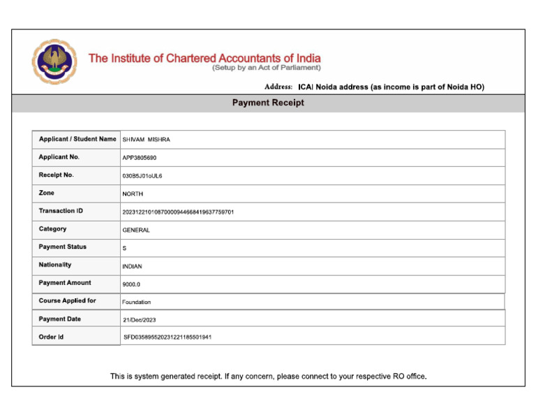 Icai Fee Receipt | PDF
