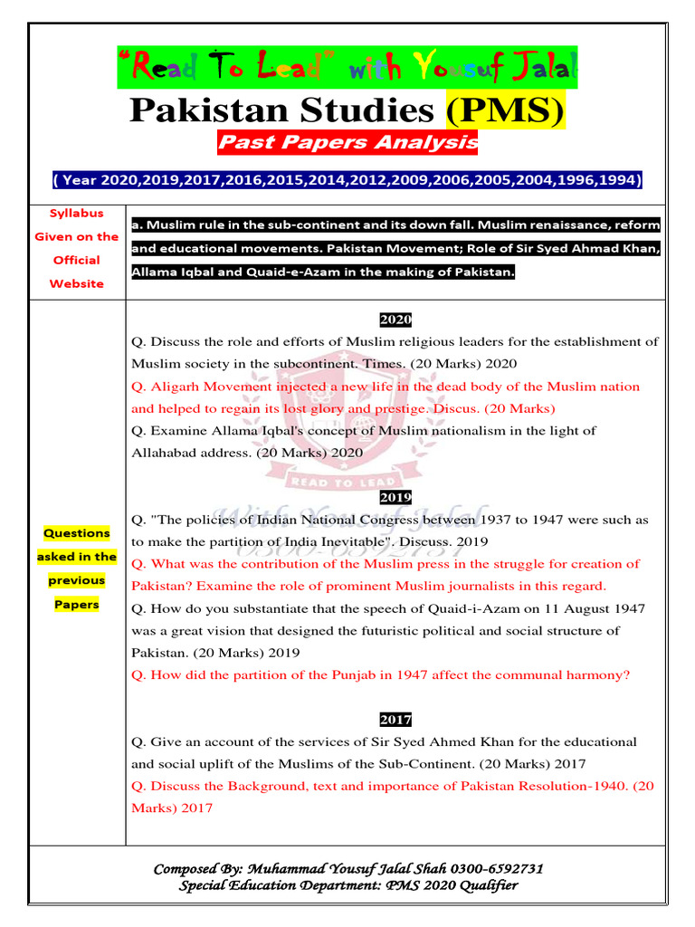 PMS Pak Analysis | PDF | All India Muslim League | Pakistan Movement