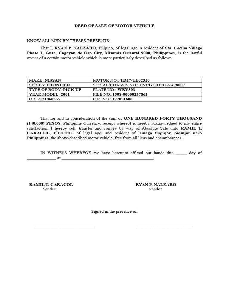 Deed of Sale of Motor Vehicle | Download Free PDF | Transport ...