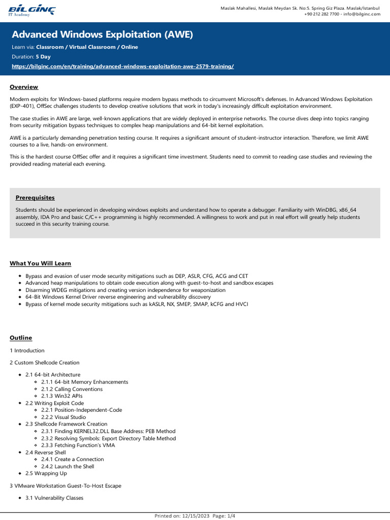 Advanced Windows Exploitation (AWE) | PDF | Kernel (Operating System) | Microsoft Windows